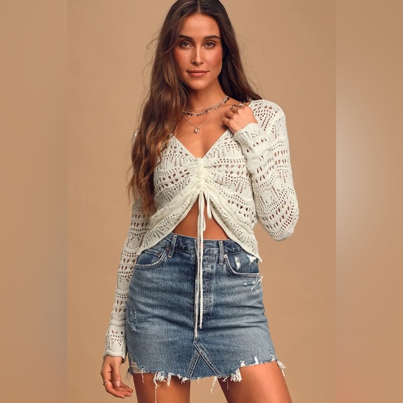 Lulus | Sweaters | Lulus Only Yours Ivory Sheer Crotchet Ruched Sweater ...